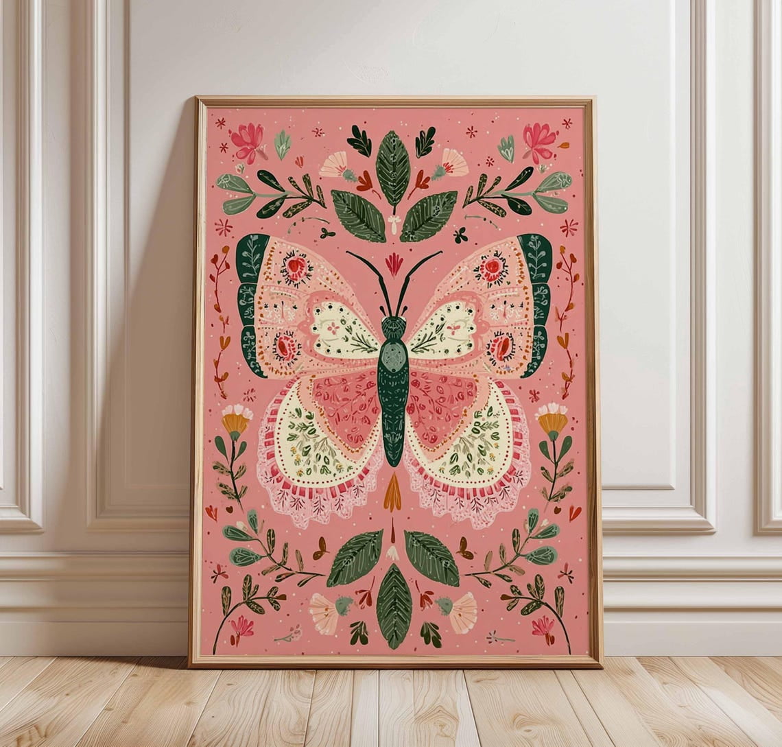 Boho Butterfly Vibrant Botanical Cottagecore Pink and Green Nature Art ...