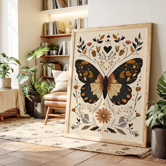 Boho Butterfly Wall Art Autumn Floral Folk Style With Black And Orange ...