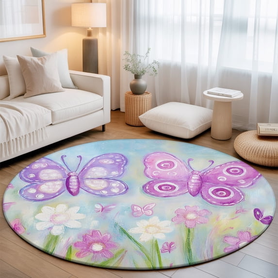 Boho Butterfly Washable Round Area Rug 4 ft, Wildflowers Grass Floral ...
