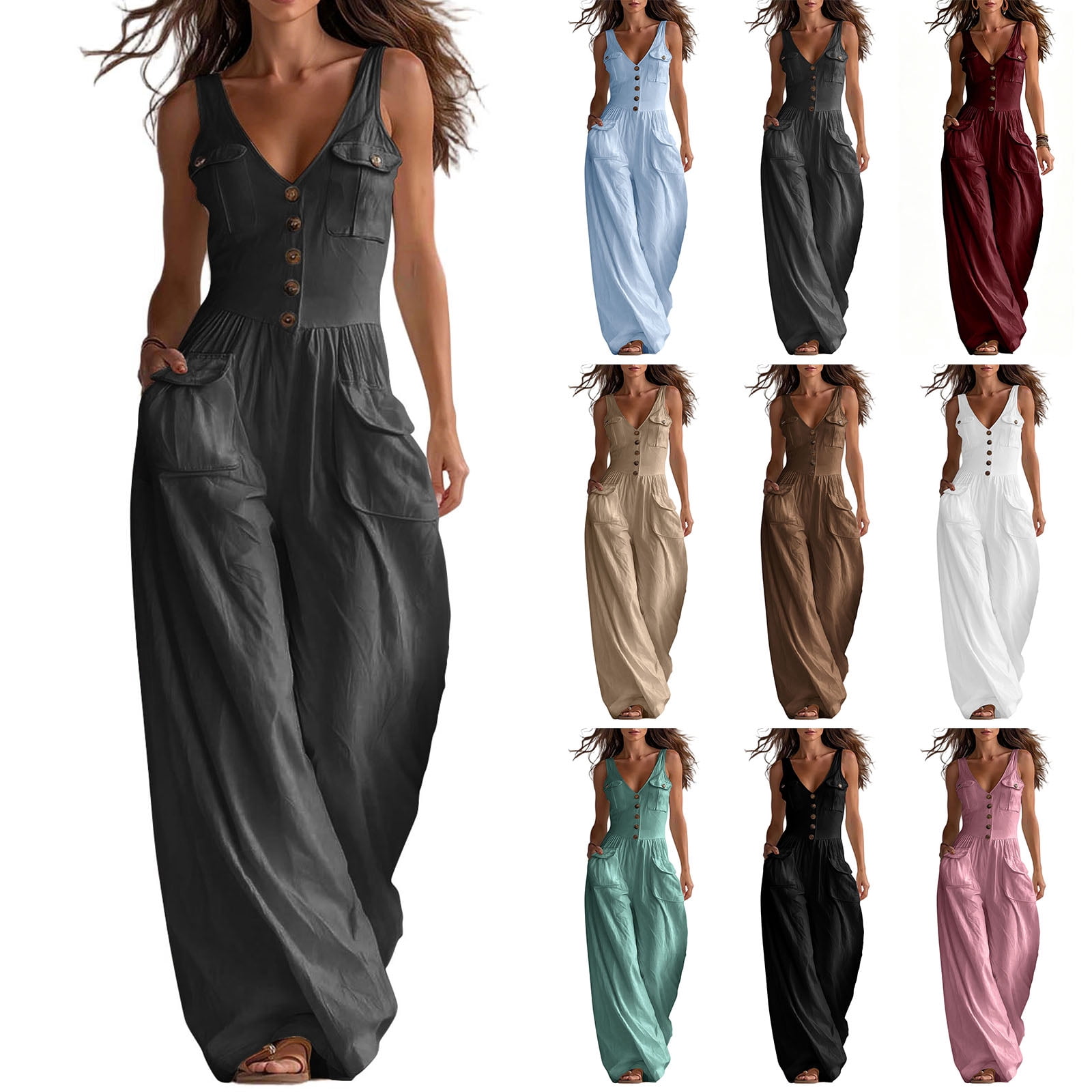 Boho Button Front Wide Leg Jumpsuit for Women - Sleeveless V-Neck ...