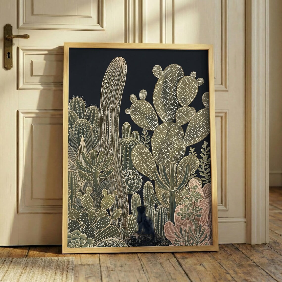 Boho Cactus Black Cat Modern Southwestern Dark Botanical Style Desert ...