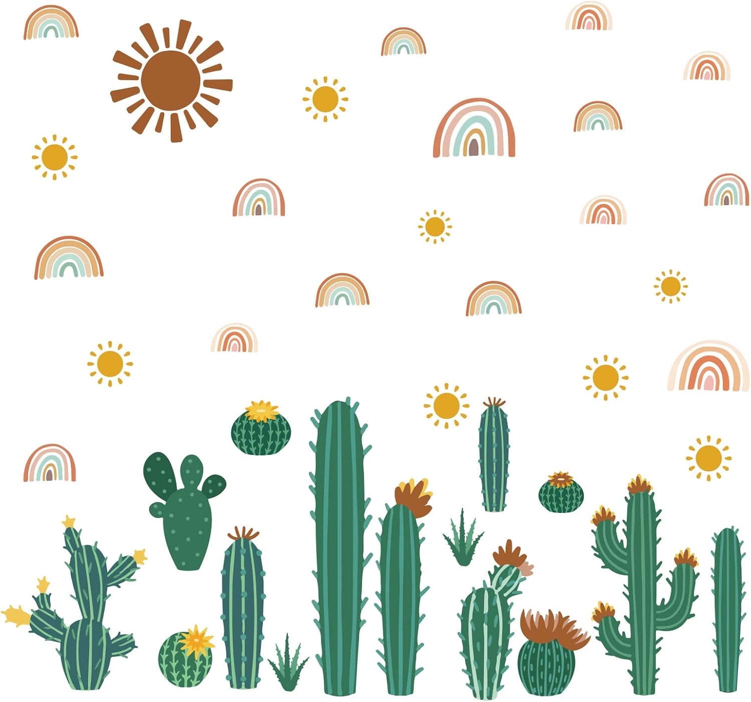 Boho Cactus Botanical Wall Decals Rainbow Stickers Bohemian Cacti Green ...