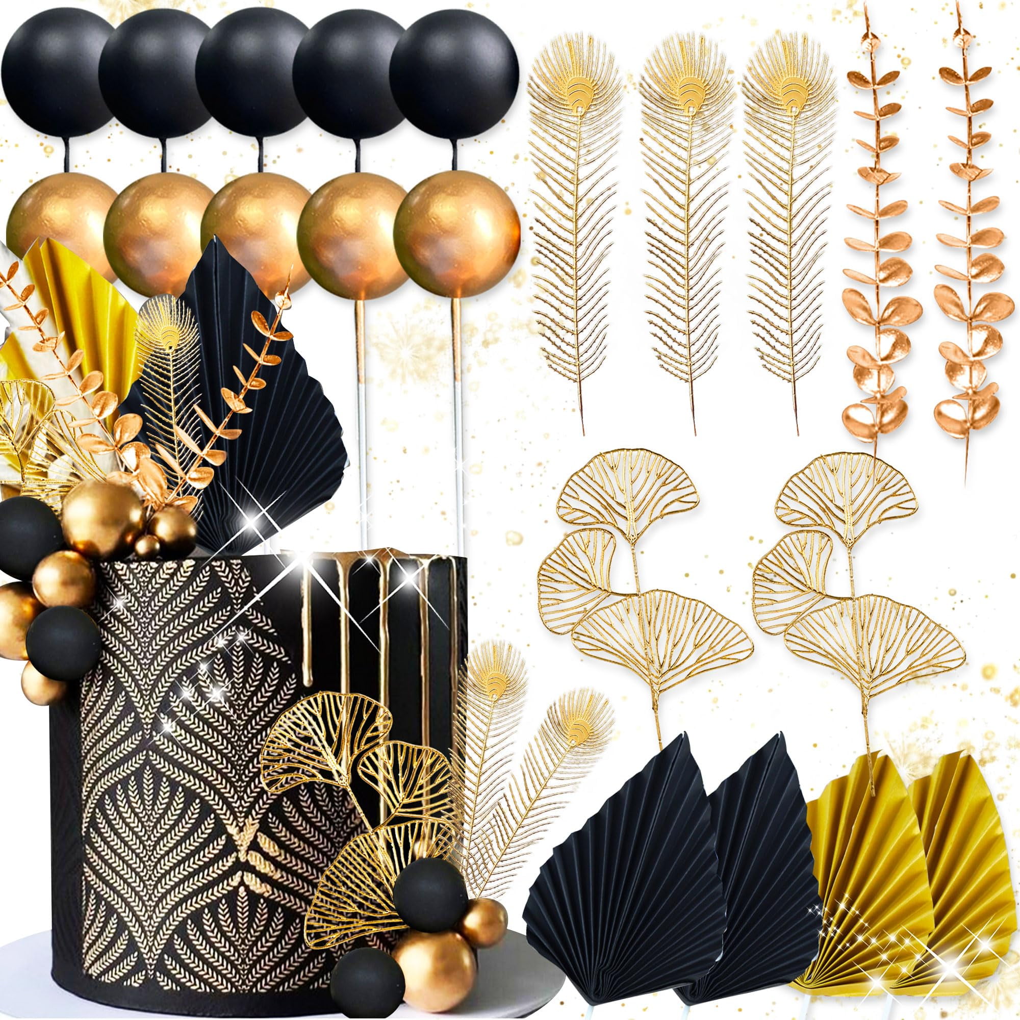Boho Cake Topper Black Gold Balls ITL1 Cake Topper Gold Leaves Cake ...