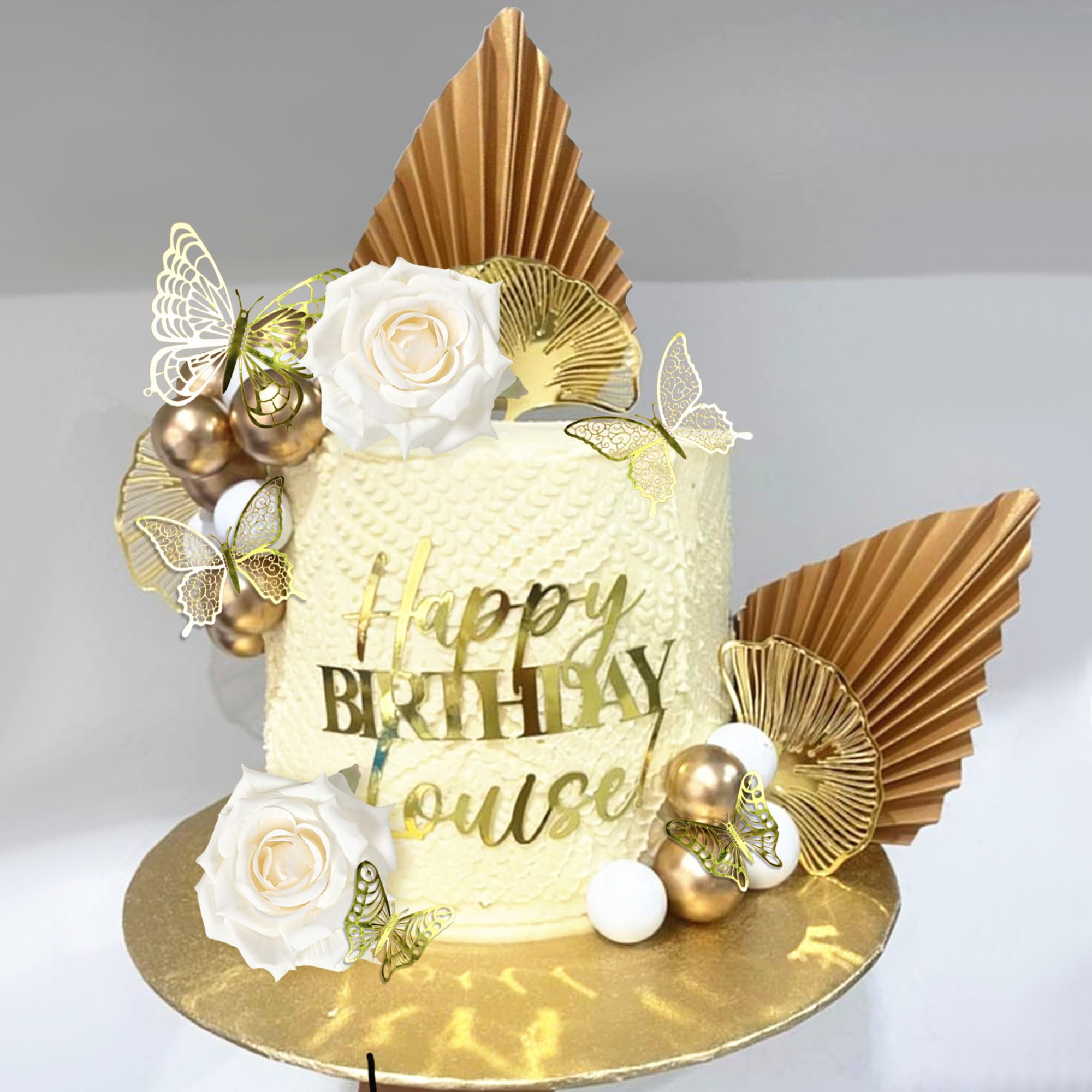 Boho Cake Topper Champagne Rose Cake ITL1 Decoration White Gold Balls ...