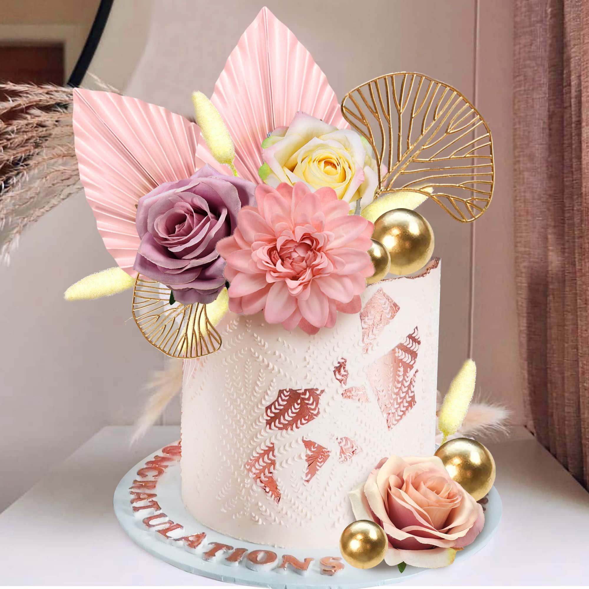 Boho Cake Topper Flower Cake Topper ITL1 Pink Palm Leaves Cake ...