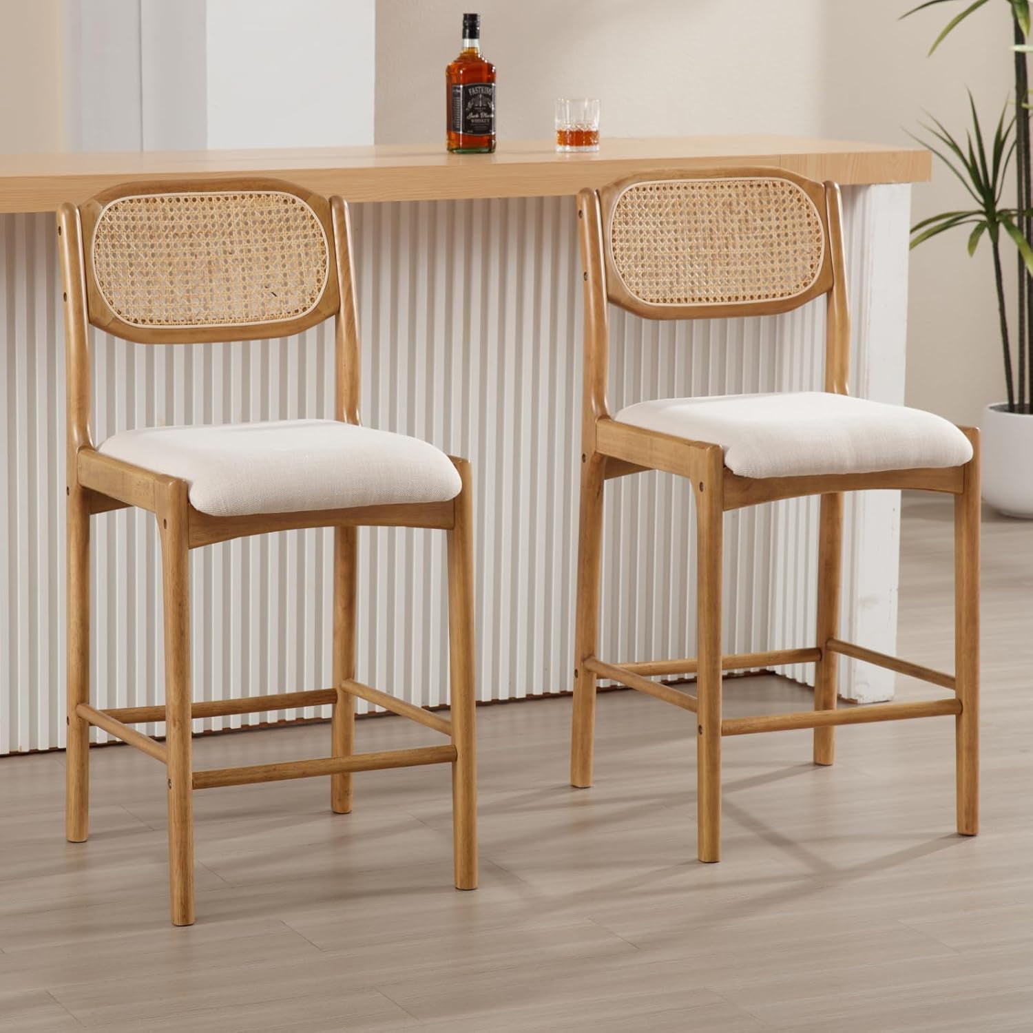 Boho Cane Back Bar Stools Set of 2 Rattan Wooden Counter Height Bar ...