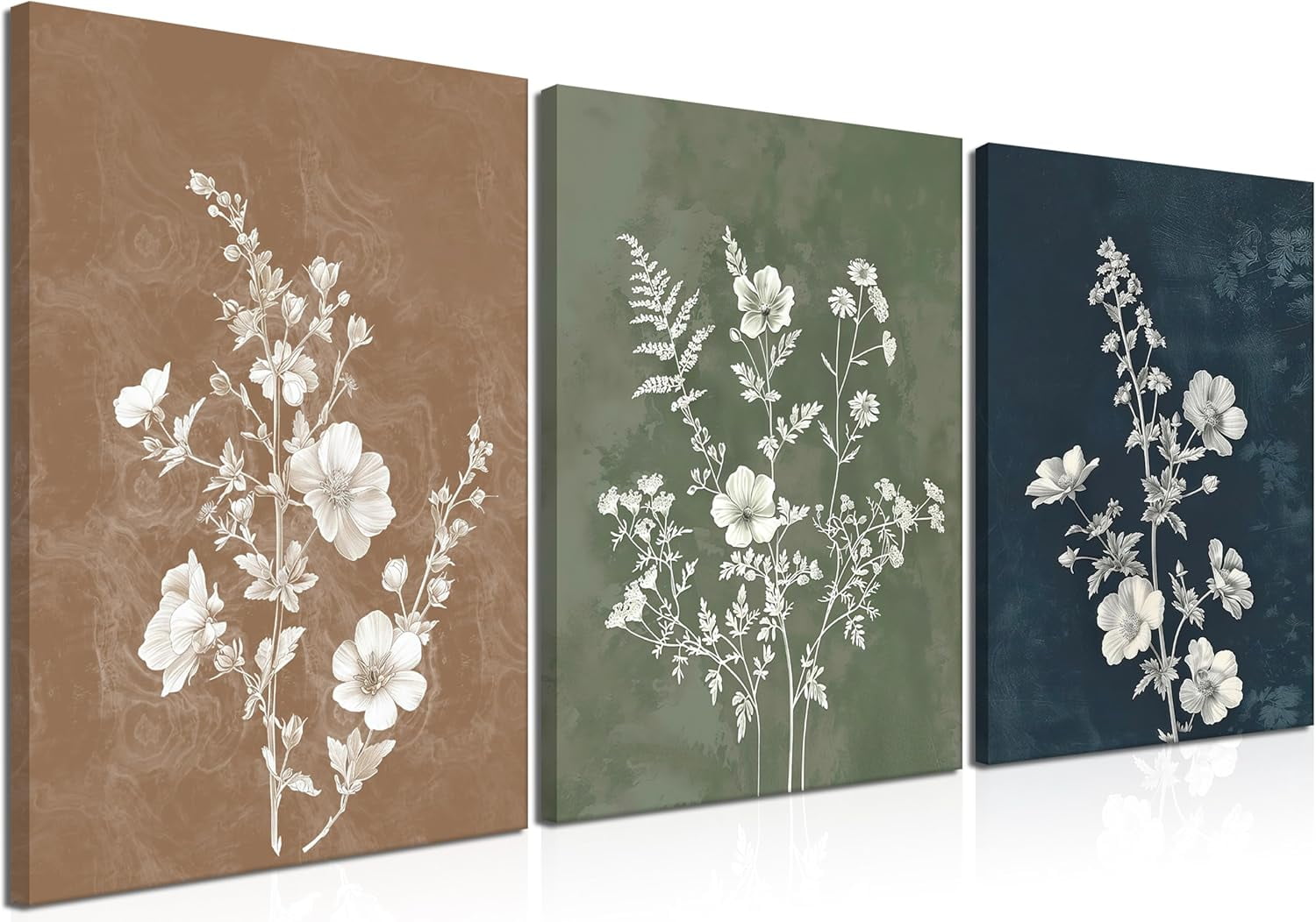 Boho Canvas Wall Art Set of 3, Minimalist Botanical Picture Wall Decor Painting, Vintage Floral ...
