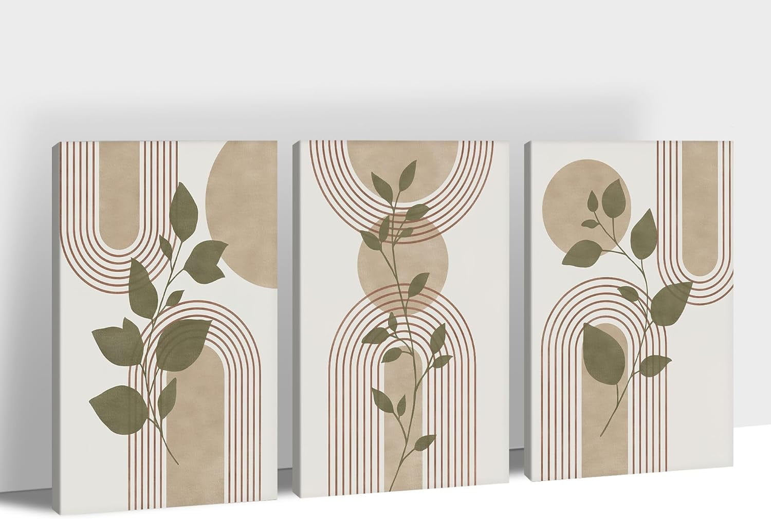 Boho Canvas Wall Art Set of Green Sage Mid Century Wall Decor, Beige ...