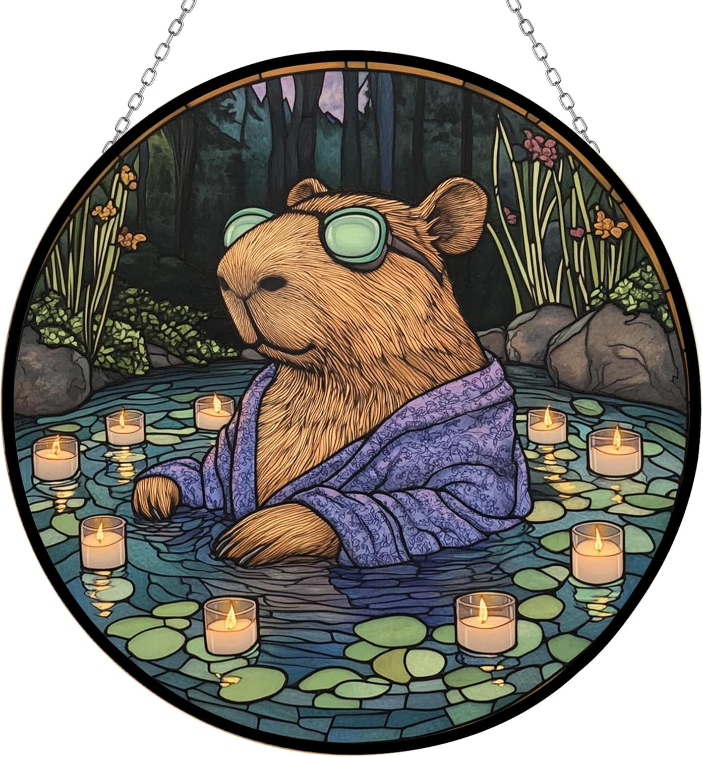 Boho Capybara at The Spa Stained Glass Window Hanging Customized Suncatcher Glass Panel with ...