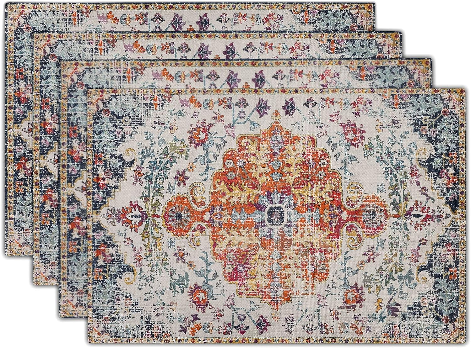 Boho Carpet Placemats Set of 4 Vintage Orange Blue Ethnic Bohemian ...