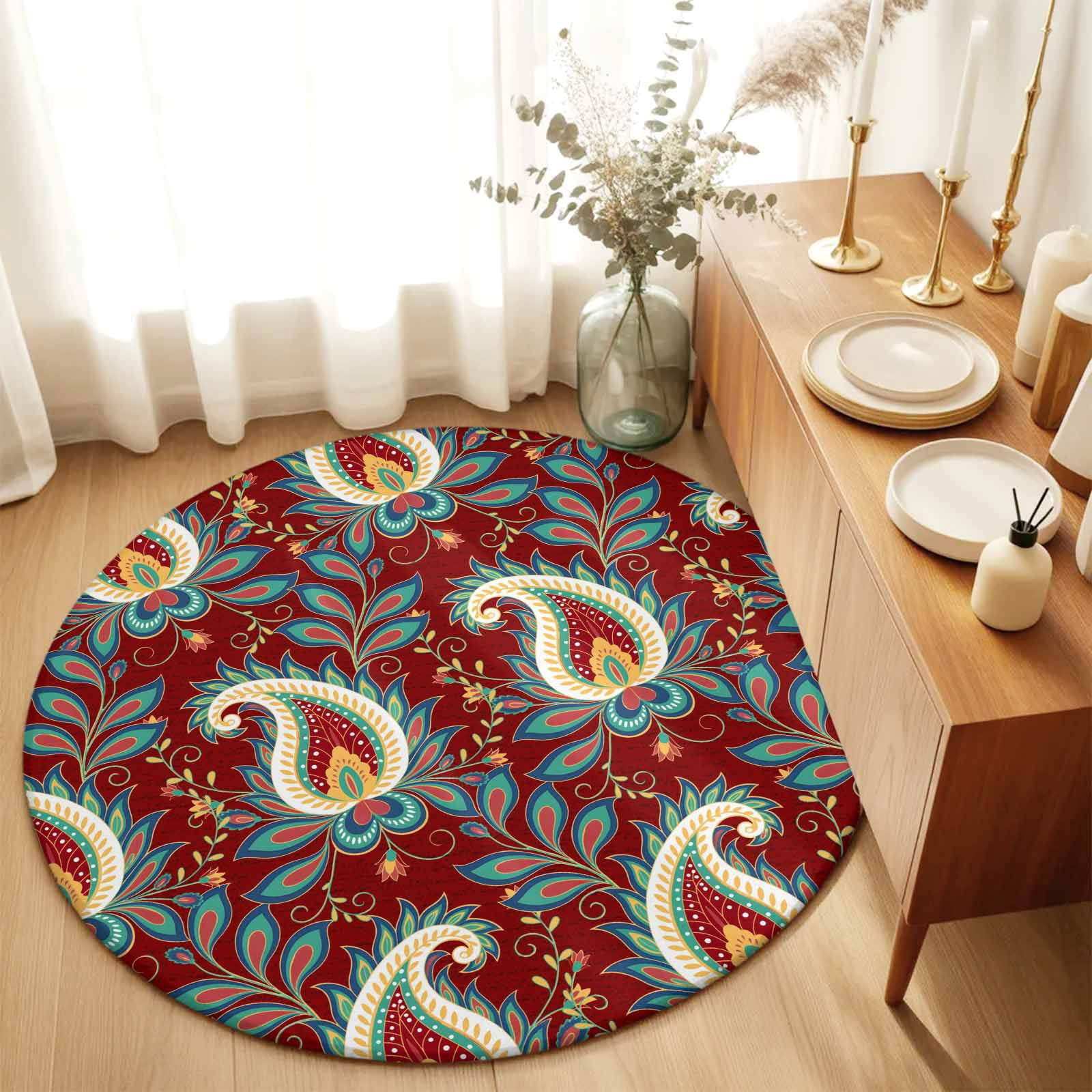 Boho Cashew Flower on Red Round Rug 3ft Abstract Ethnic Retro Floral ...