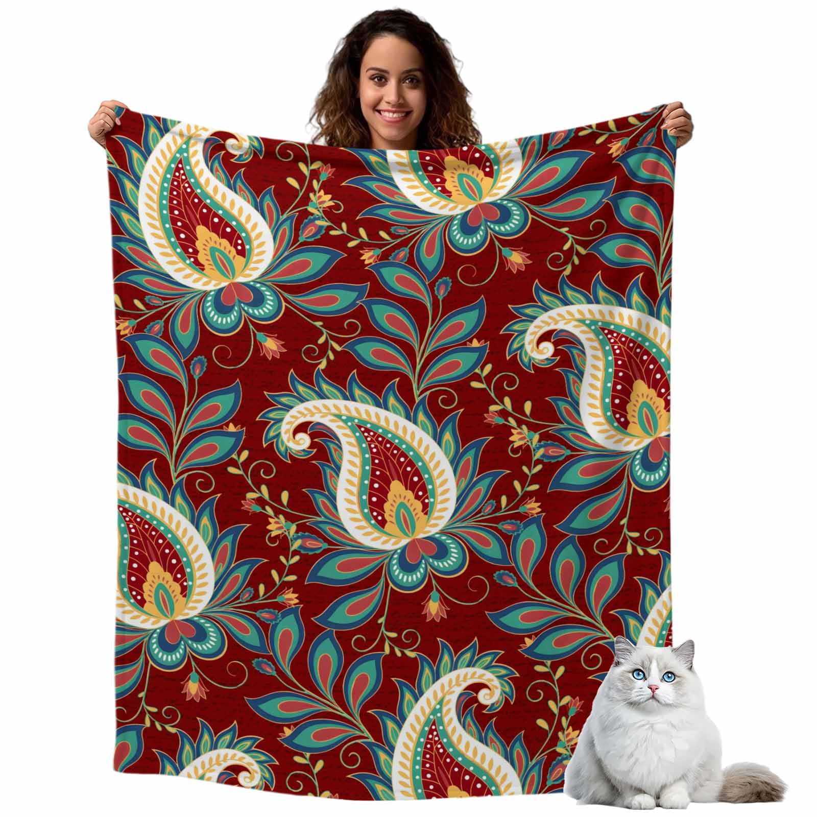 Boho Cashew Flower on Red Throw Blanket Flannel Fleece Throws, Abstract ...