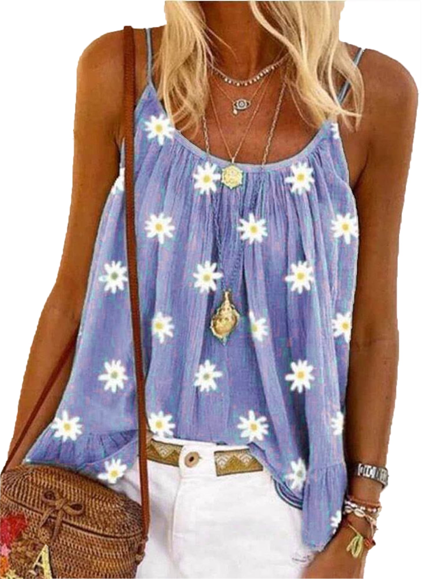 Boho Casual Tank Tops Sleeveless Blouse for Women Floral Print T-Shirt ...