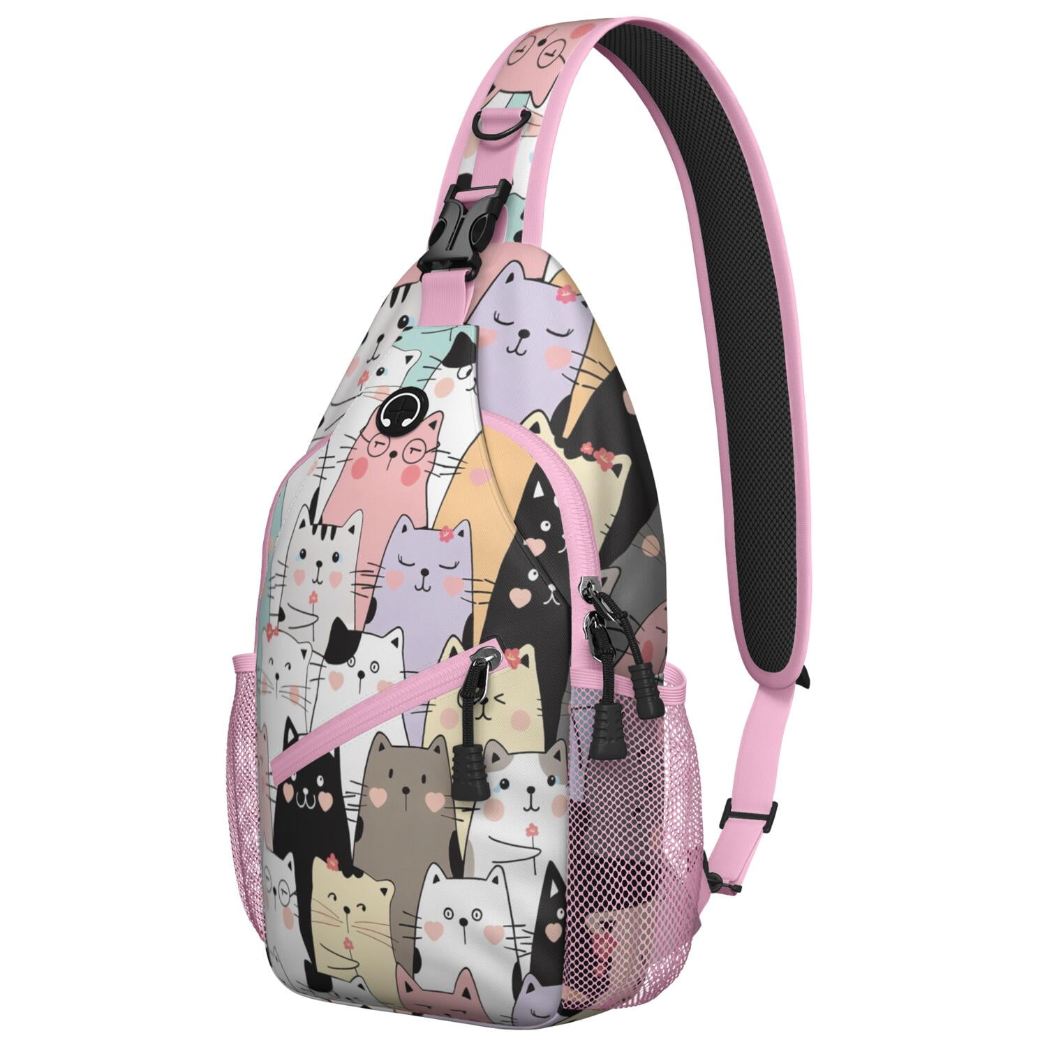 Boho Cat Aesthetic Sling Backpack, Adorable Watercolor Cat and Floral ...