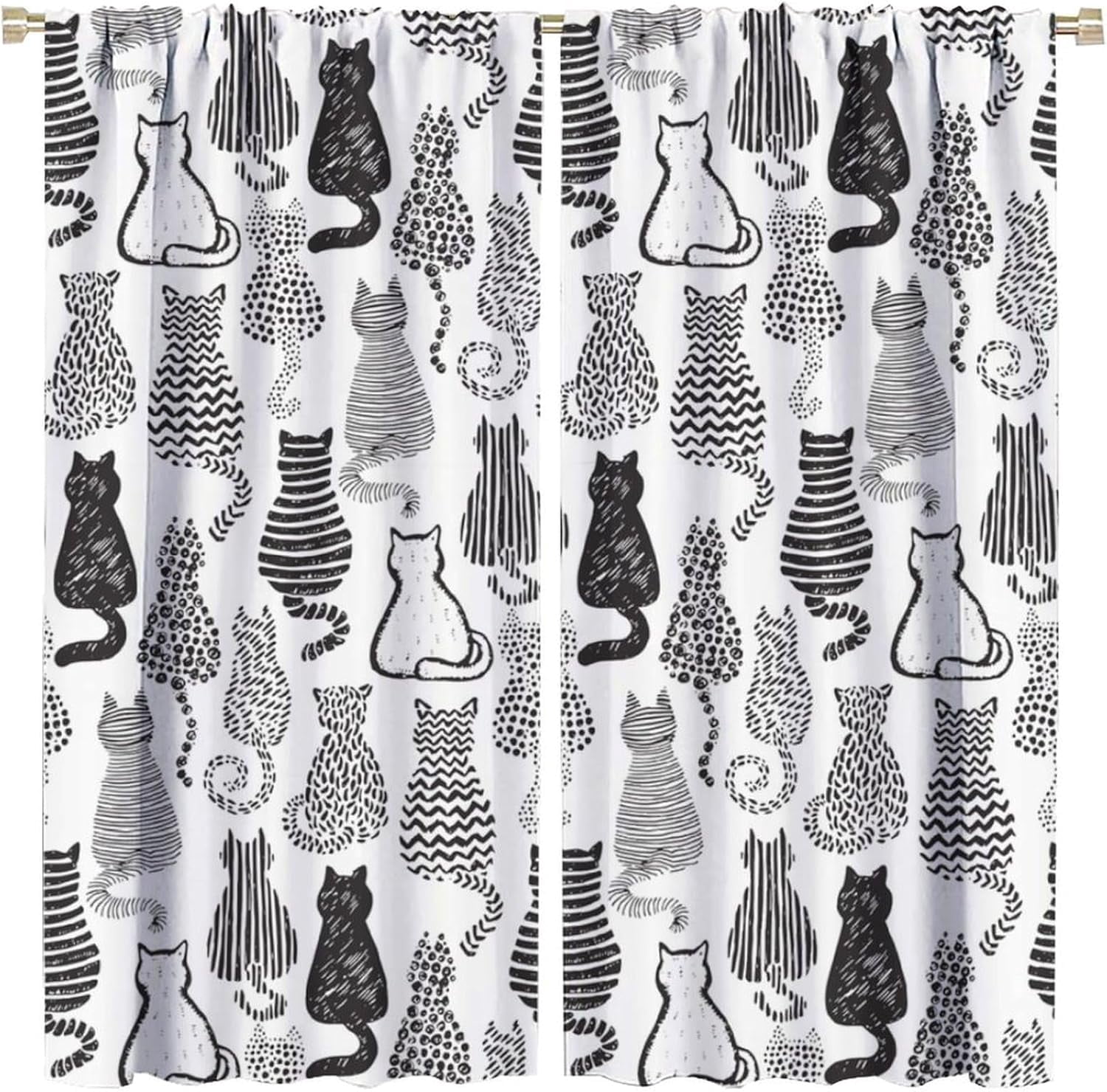 Boho Cat Curtains, Modern Minimalist Black White Abstract Hand Drawn ...