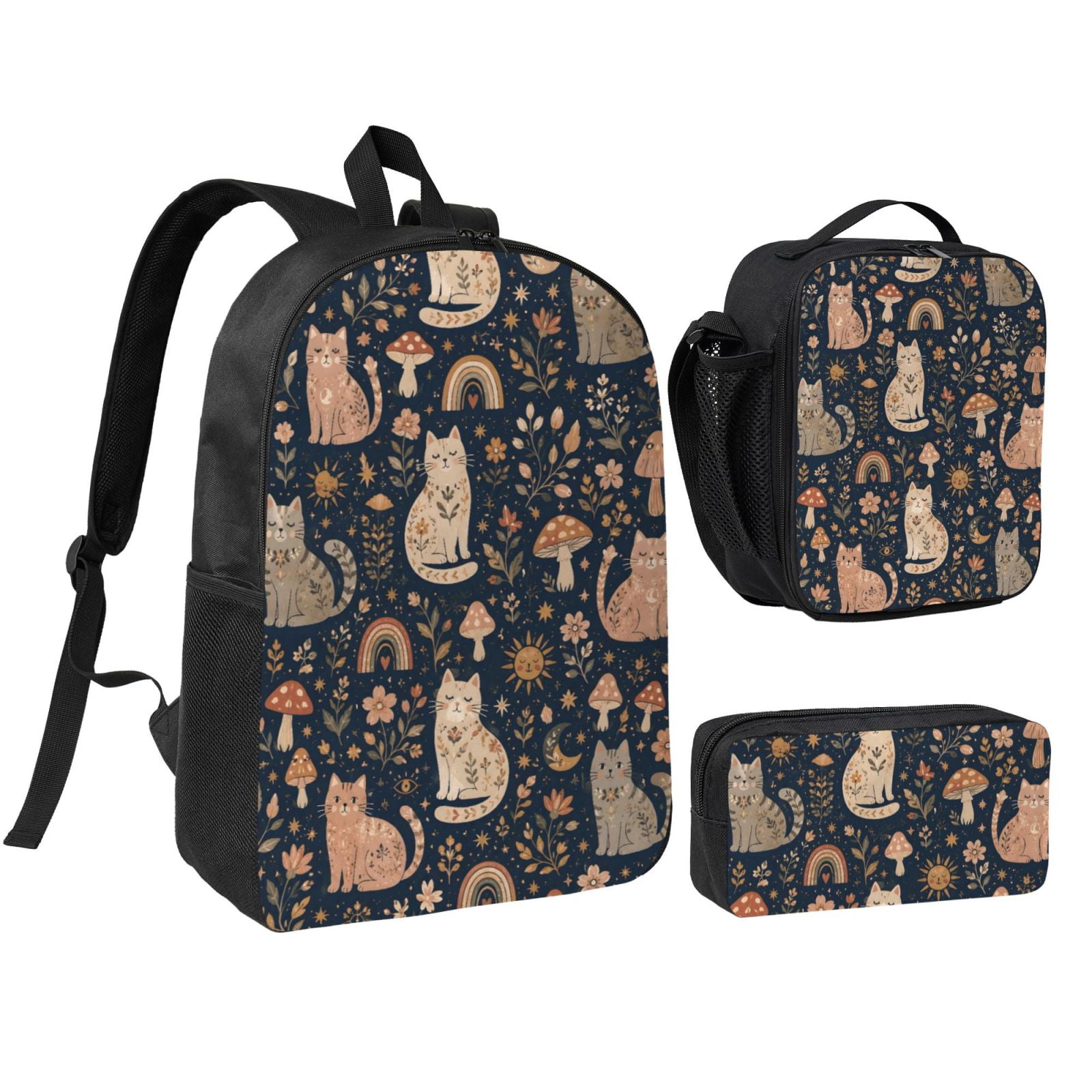 Boho Cat Mushroom Backpack Set 3pc Including Backpack, Lunch Bag and ...