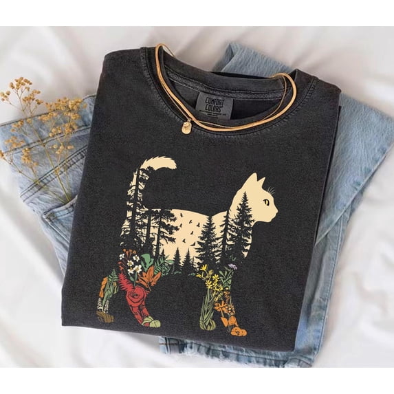Boho Cat Plants T-Shirt: Short & Long Sleeve, Nature Trees Wild Flowers ...