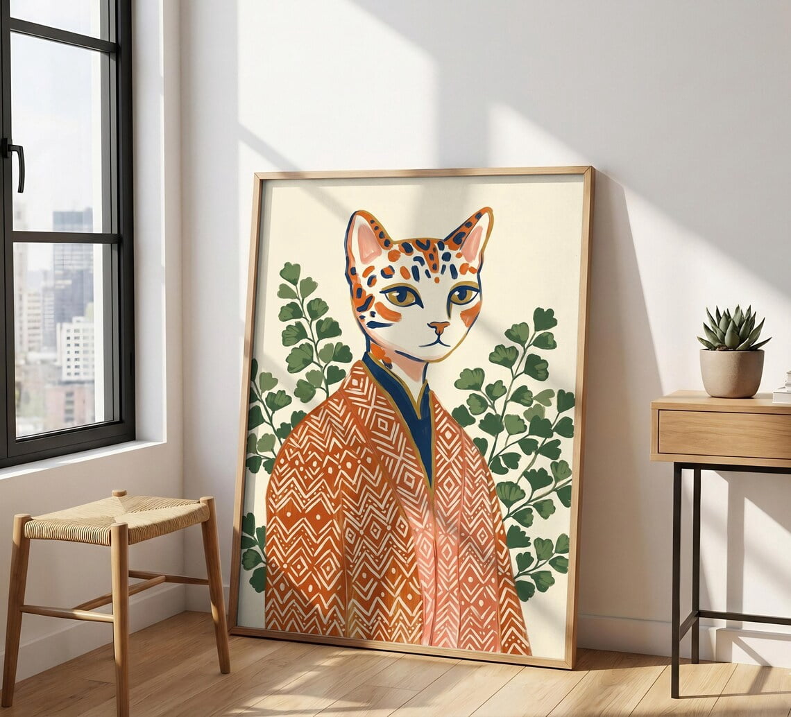 Boho Cat Portrait Eclectic Animal Leopard Cat Geometric Robe Botanical ...