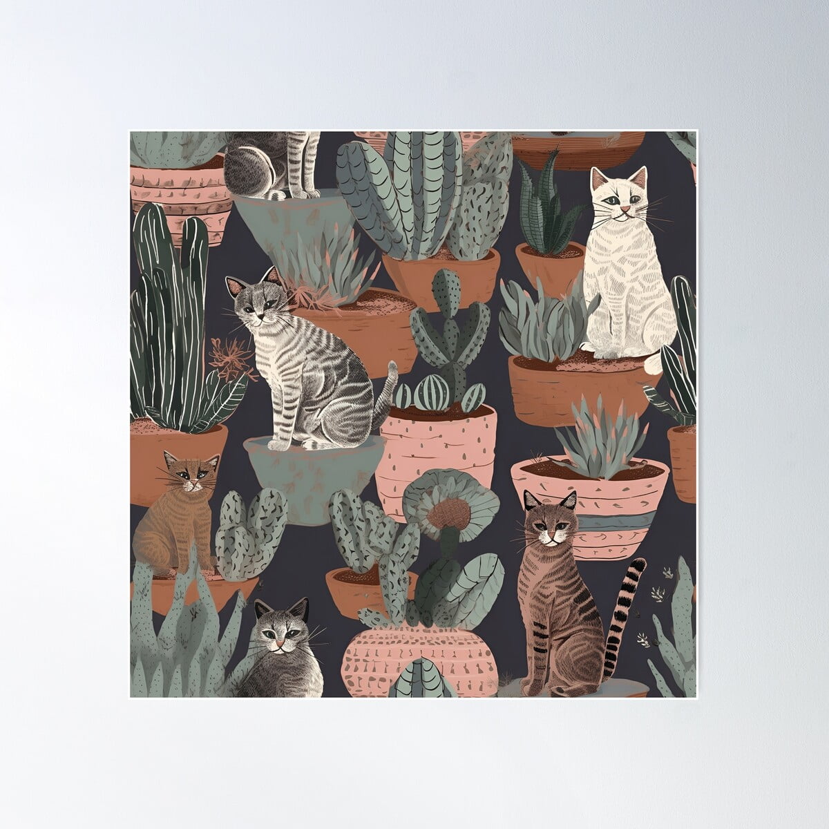 Boho Cats And Cacti Poster Wall Art, Modern Wall Decor For Living Room ...