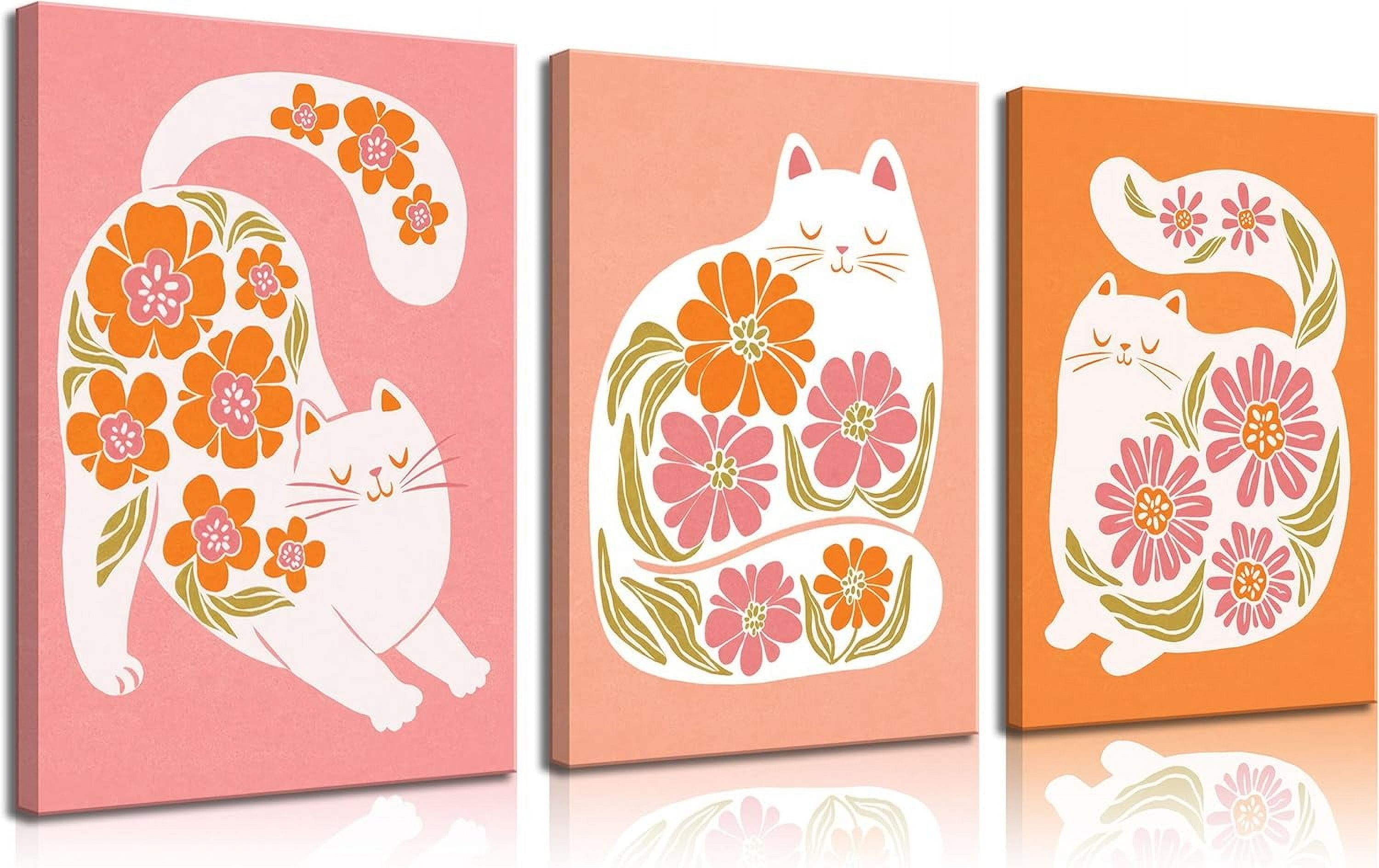Boho Cats Canvas Wall Art Funny White Cat Wall Decor Pictures Cute ...