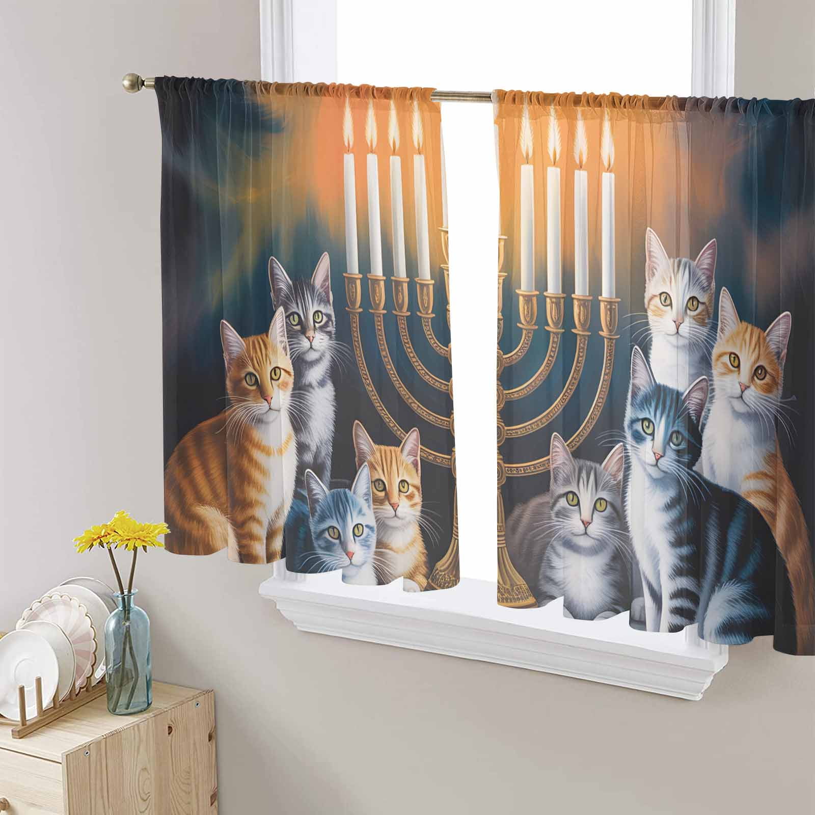 Boho Cats Sheer Curtains 45 Inch Length 2 Panels Set, Semi Transparent ...