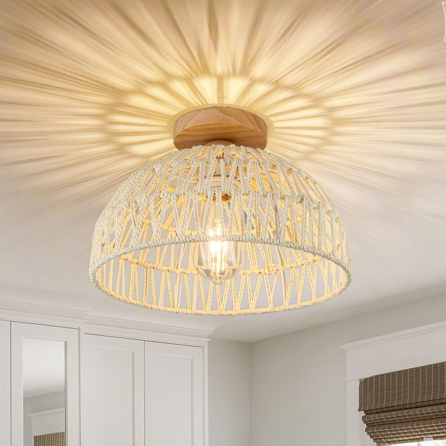 Boho Ceiling Light Fixture Rattan Flush Mount Ceiling Light Bedroom ...