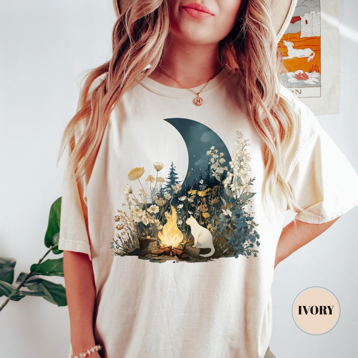 Boho Celestial Campfire T-Shirt, Cute Celestial Moon Tee, Cat Lover , Cute Bohemian Nature Shirt ...