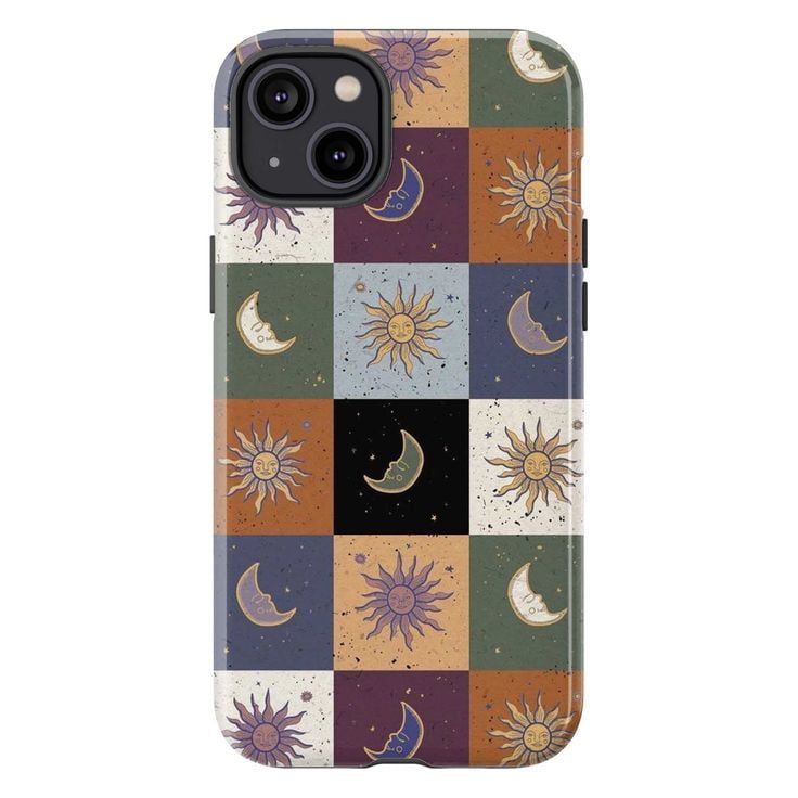 Boho Celestial iPhone Case, Retro Sun & Moon Checkerboard Pattern ...