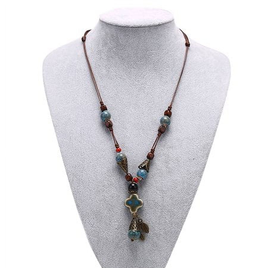 Boho Ceramic Statement Necklaces Woman Long Wood Sweater Chain Pendant ...