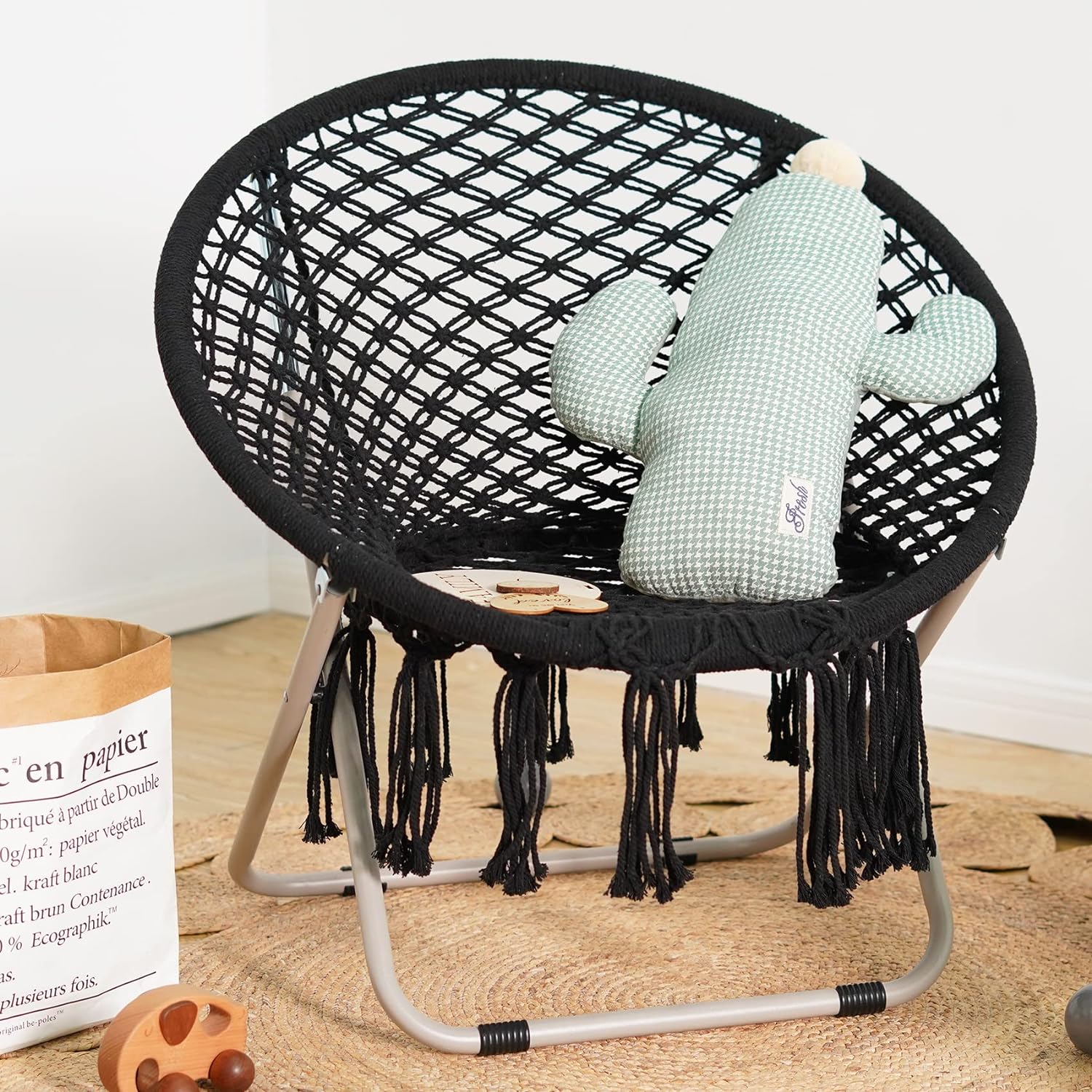 Boho Chair with Folding Metal Frame, 100% Cotton Handmade Round Cozy ...