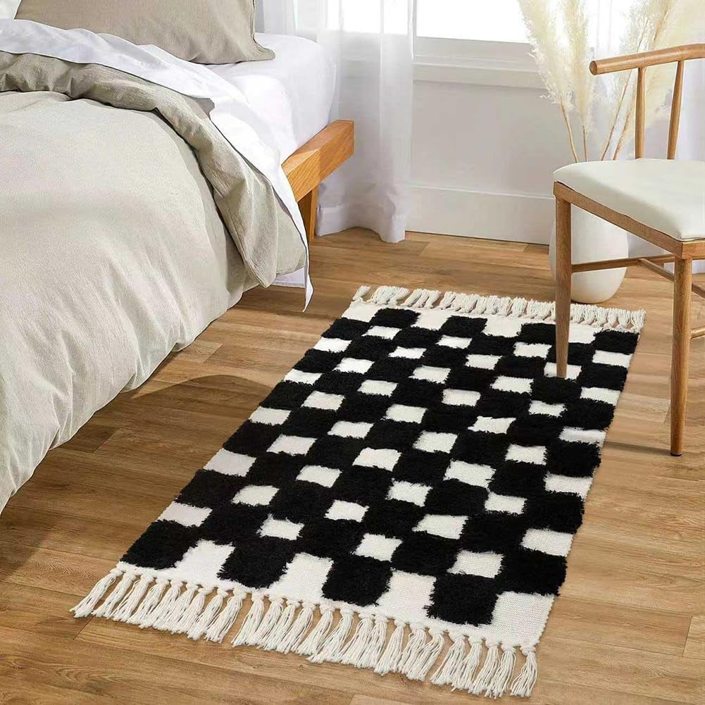 Boho Checkered Tufted Rug with Tassels, Farmhouse Checkerboard Area Rug ...