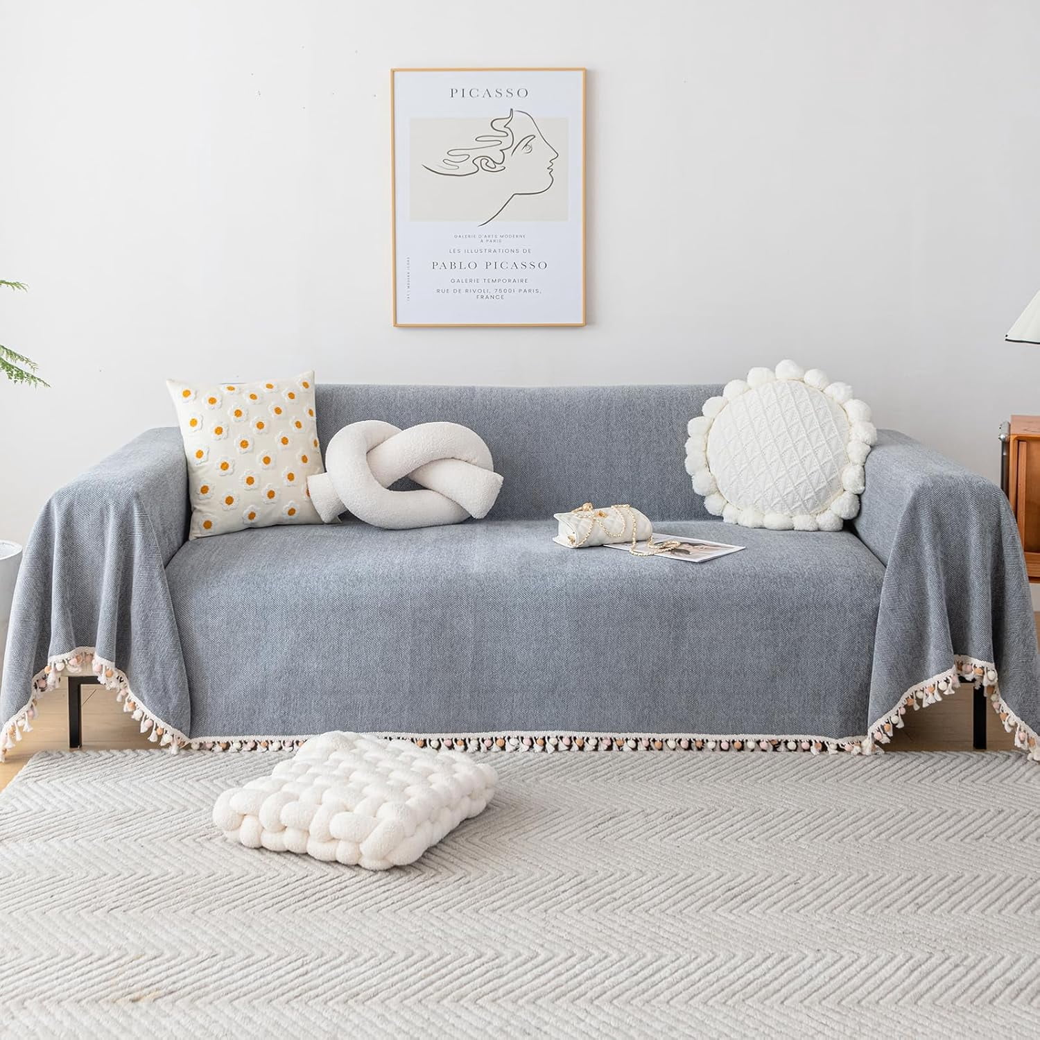 Boho Chenille Couch Cover for Sectional Sofa L Shape, Thick Herringbone ...