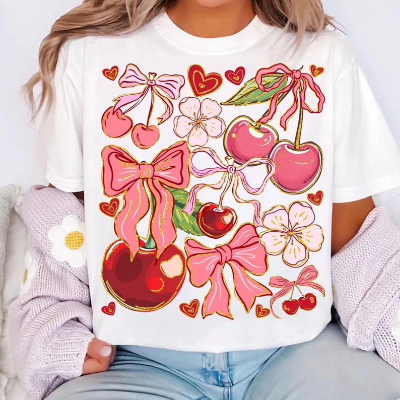 Boho Cherry Coquette T-shirt Sublimation Design, Preppy Cherries T ...