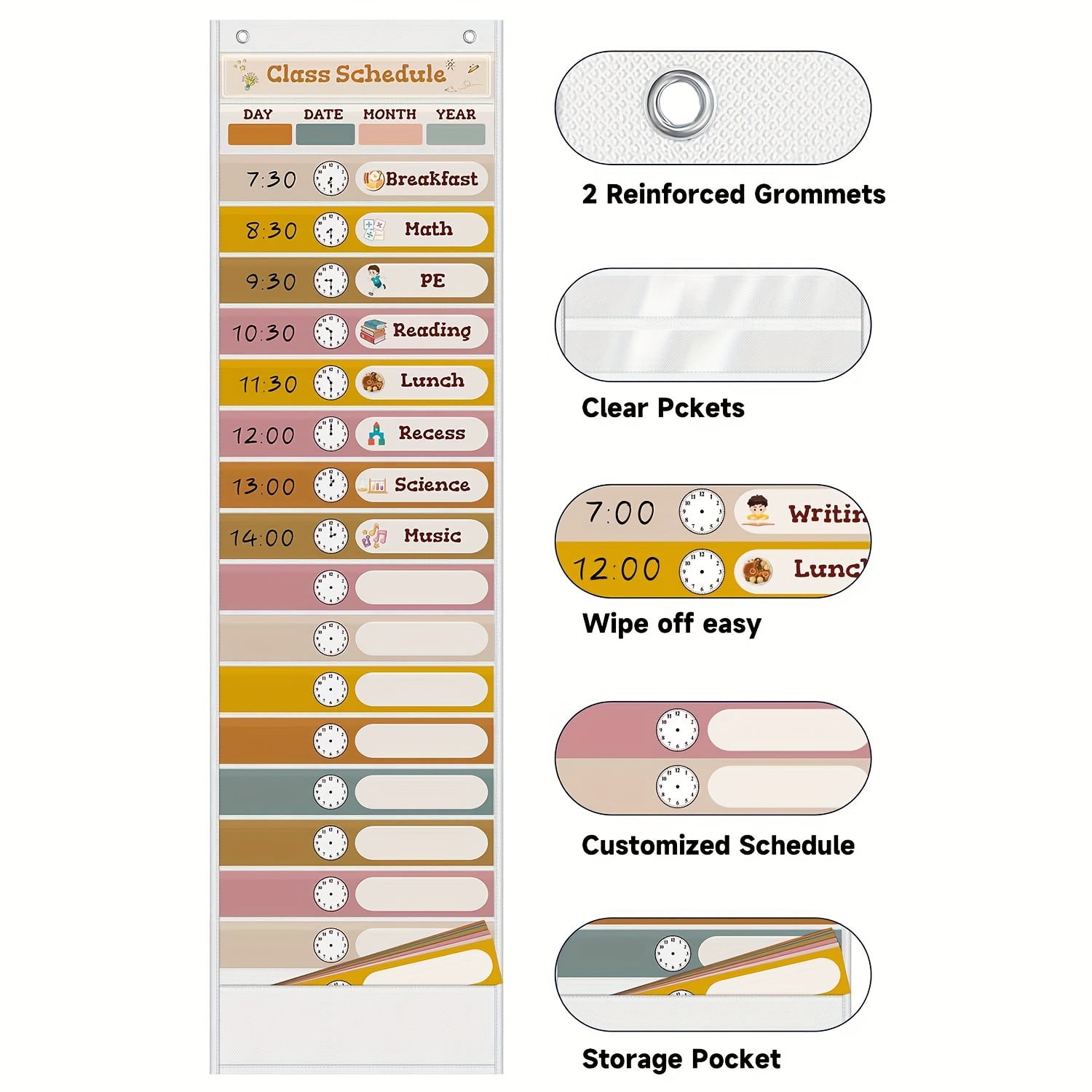 Boho-Chic 16 & 19 Pocket Chart for Classroom - Double-Sided Daily ...