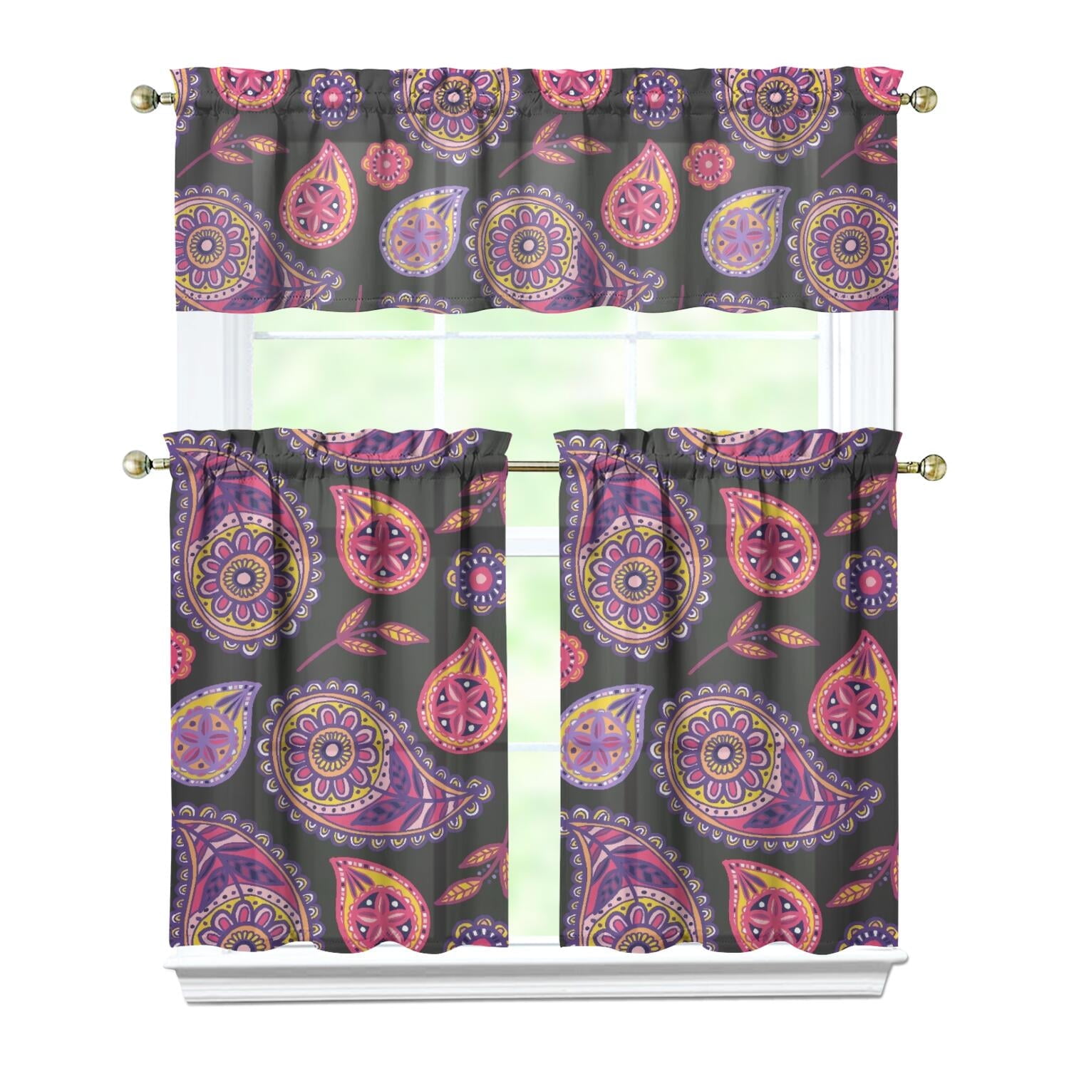 Boho Chic 3-Piece Kitchen Curtains Set, Mandala Ethnic Pattern Tier ...