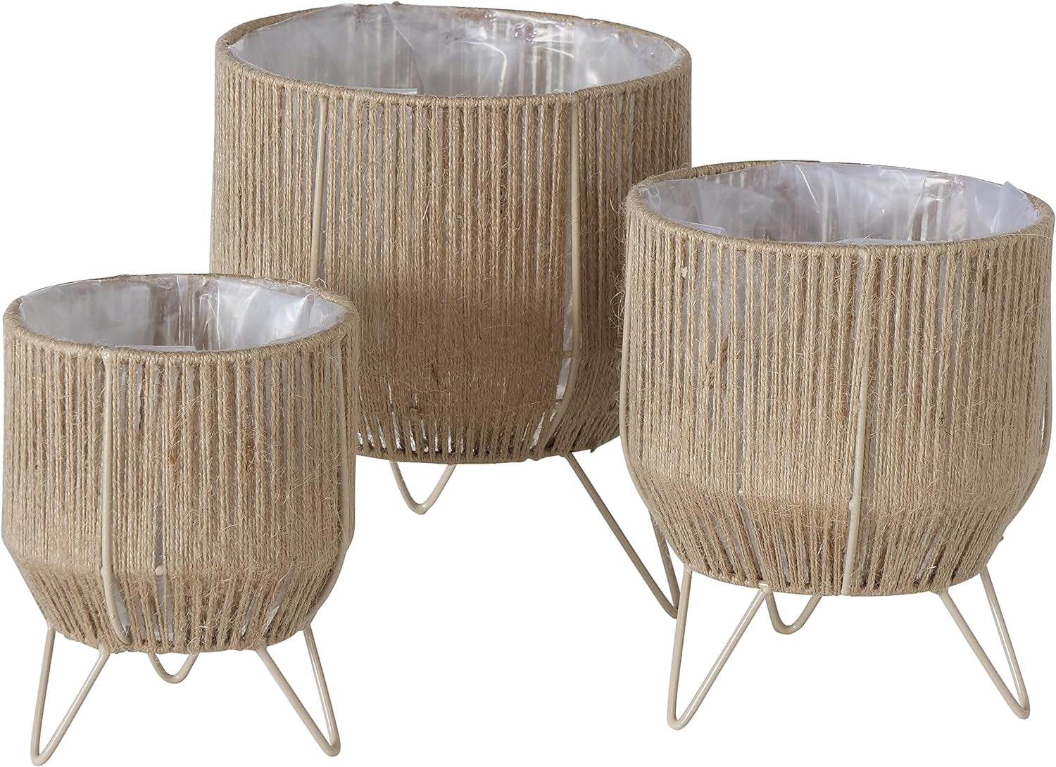 Boho Chic 3 Piece Rope Wrapped Planter Set, Natural Woven Jute, Beige ...