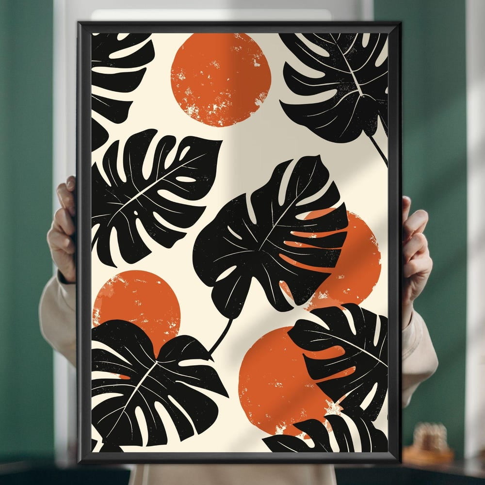 Boho Chic Art Print: Orange Circles, Black Leaves, Abstract Nature ...
