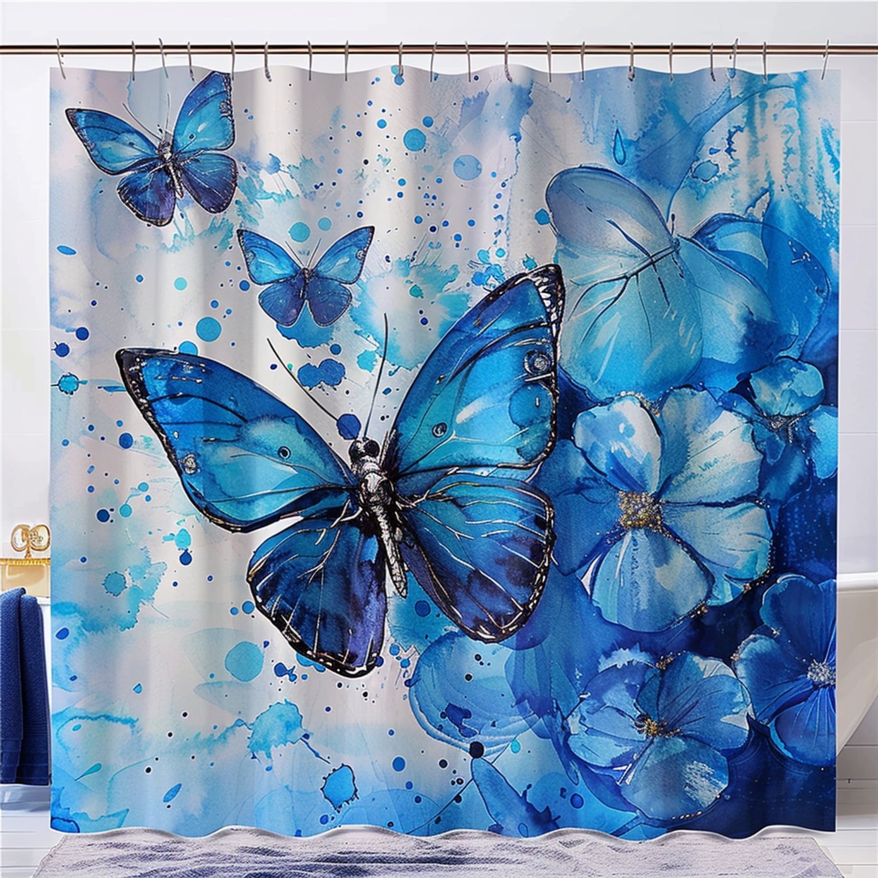 Boho Chic Blue Butterfly Shower Curtain Vibrant Floral Design Detailed