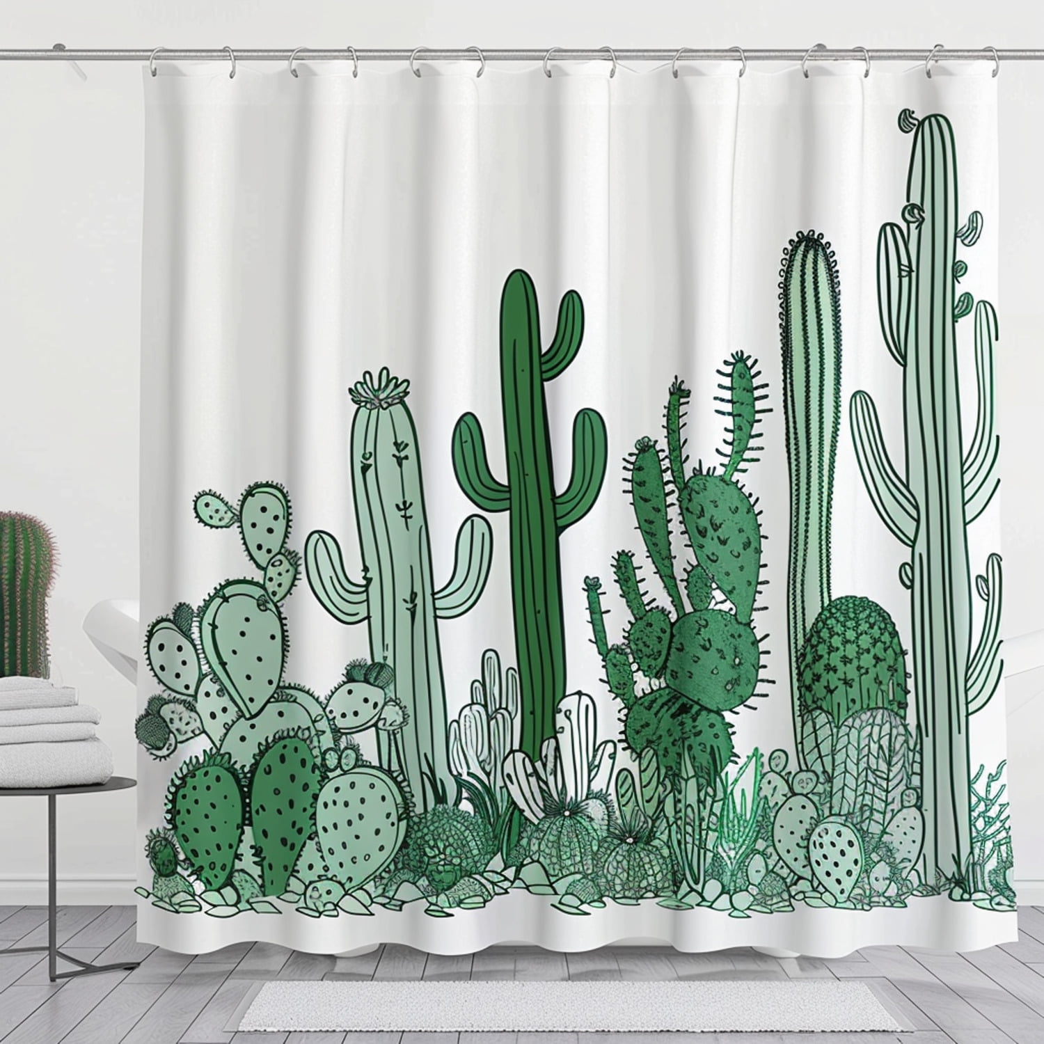 Boho Chic Cactus Garden Shower Curtain Green Line Art Bathroom Decor
