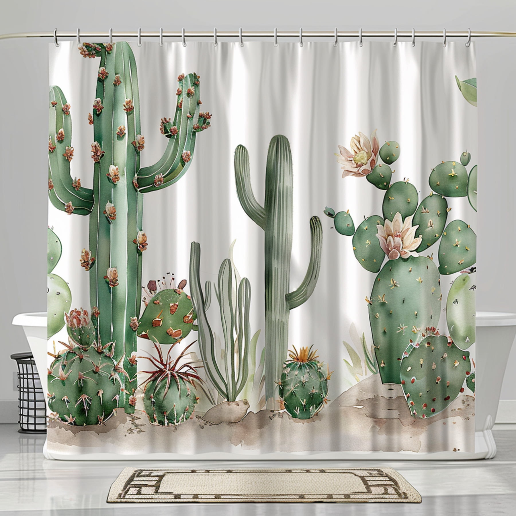 Boho Chic Cactus Shower Curtain Soft Watercolor Desert Landscape Design