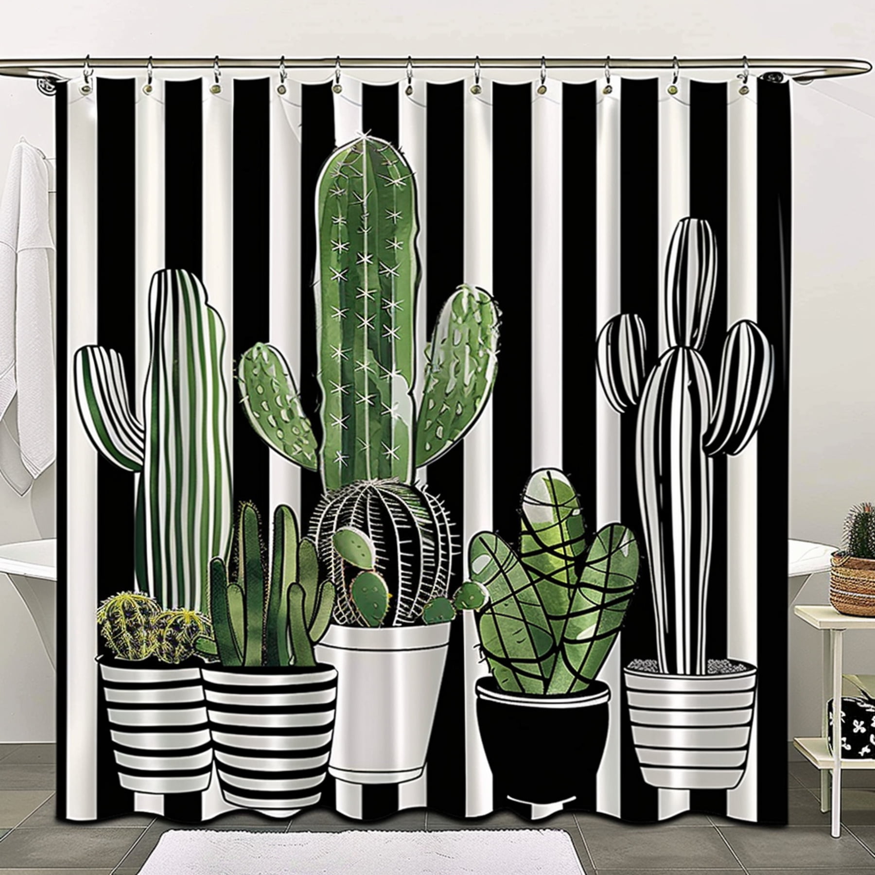 Boho Chic Cactus Shower Curtain Stylish Black And White Stripes Desert