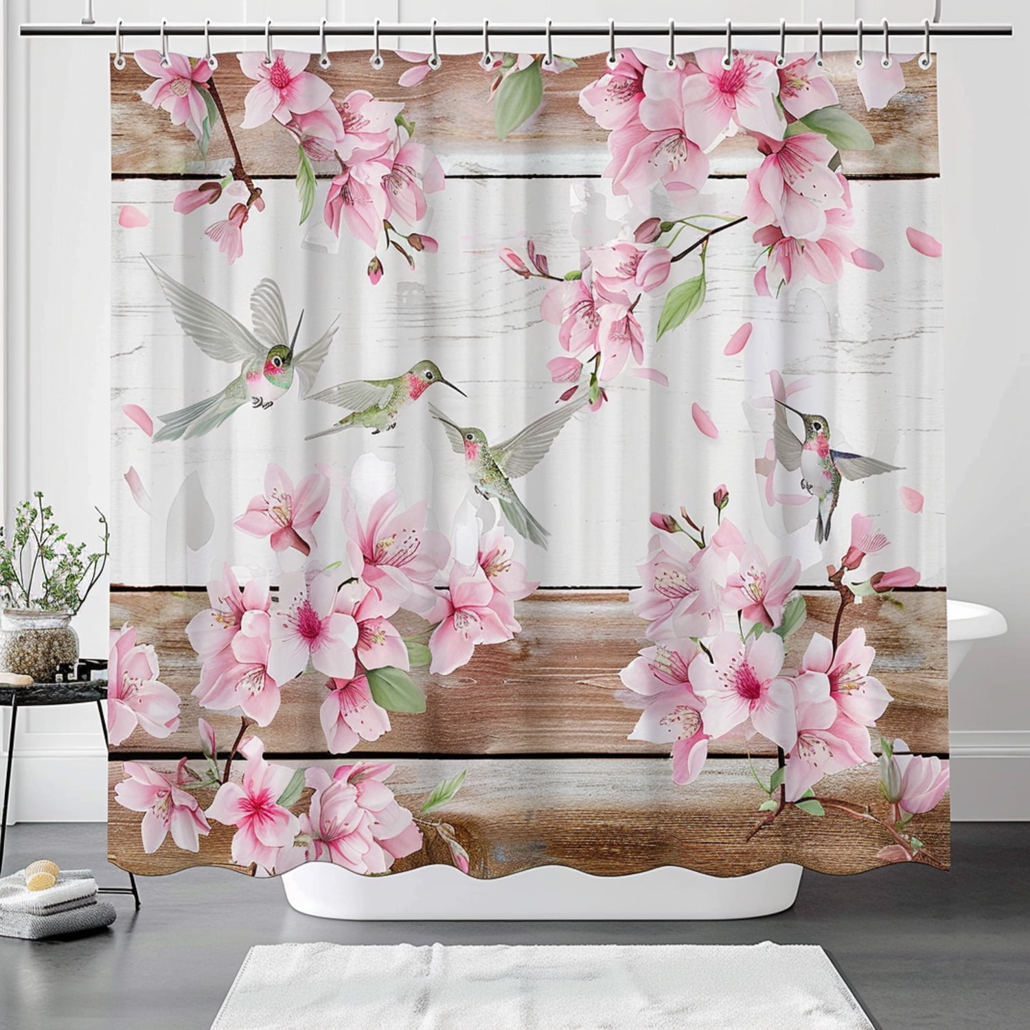 Boho Chic Cherry Blossom And Hummingbird Watercolor Shower Curtain Set