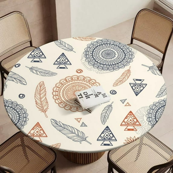 Boho Chic Feather Mandala Pattern Round Table Cover Kitchen Printed Waterproof Tablecloth ...