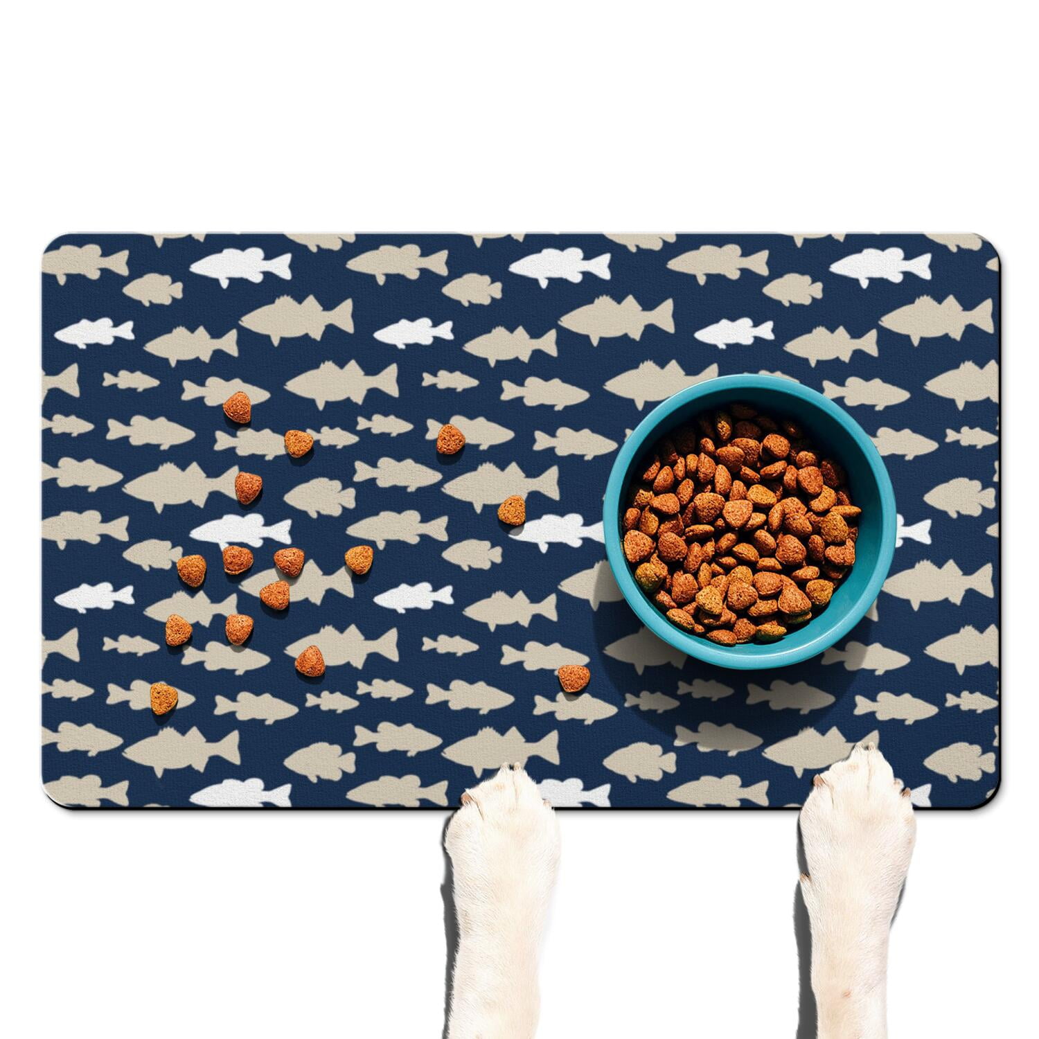 Boho Chic Fish Design Dog Food Mat - Absorbent Washable Pet Feeding Pad ...