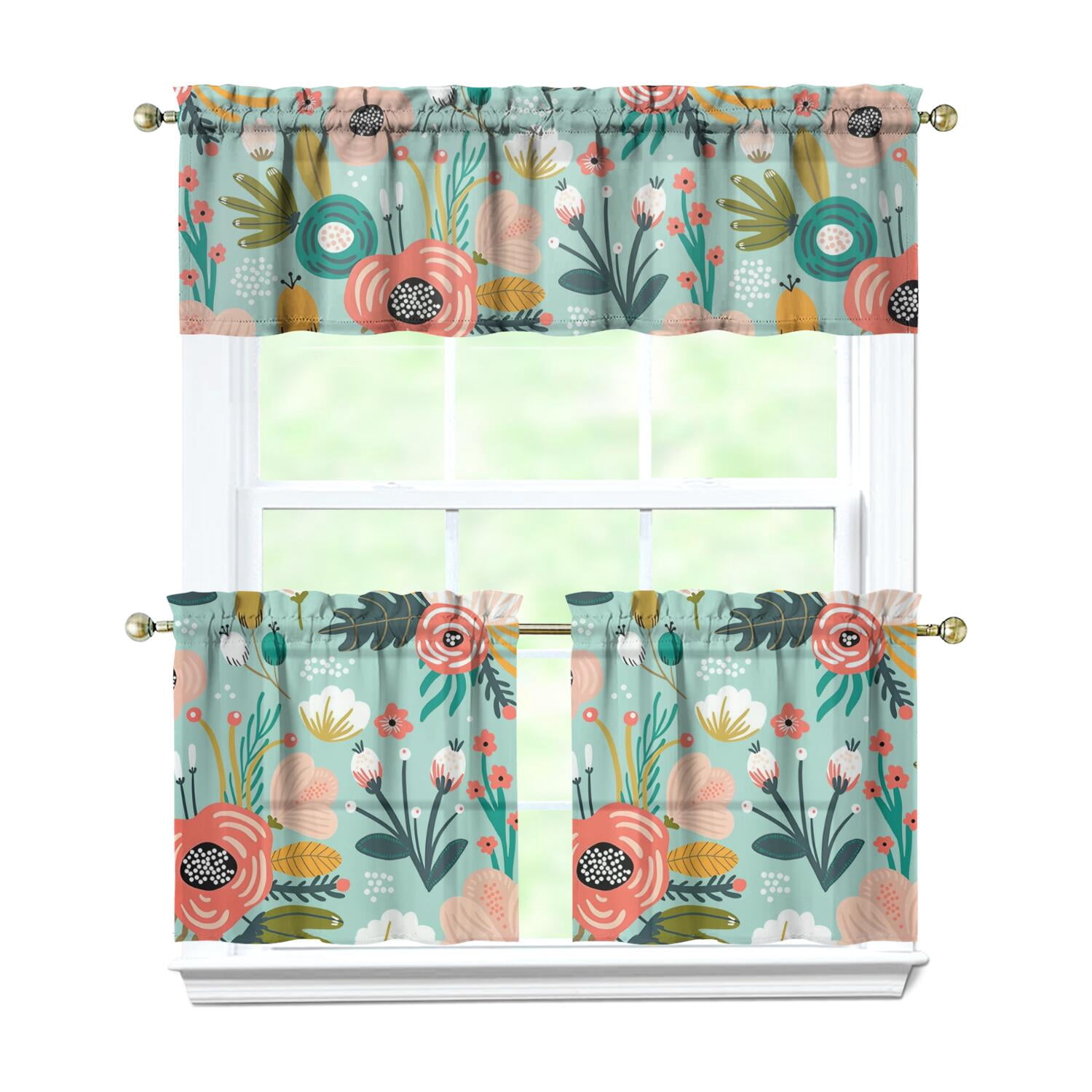 Boho Chic Floral Kitchen Curtains - 3 PC Set with Valance for Caf ...