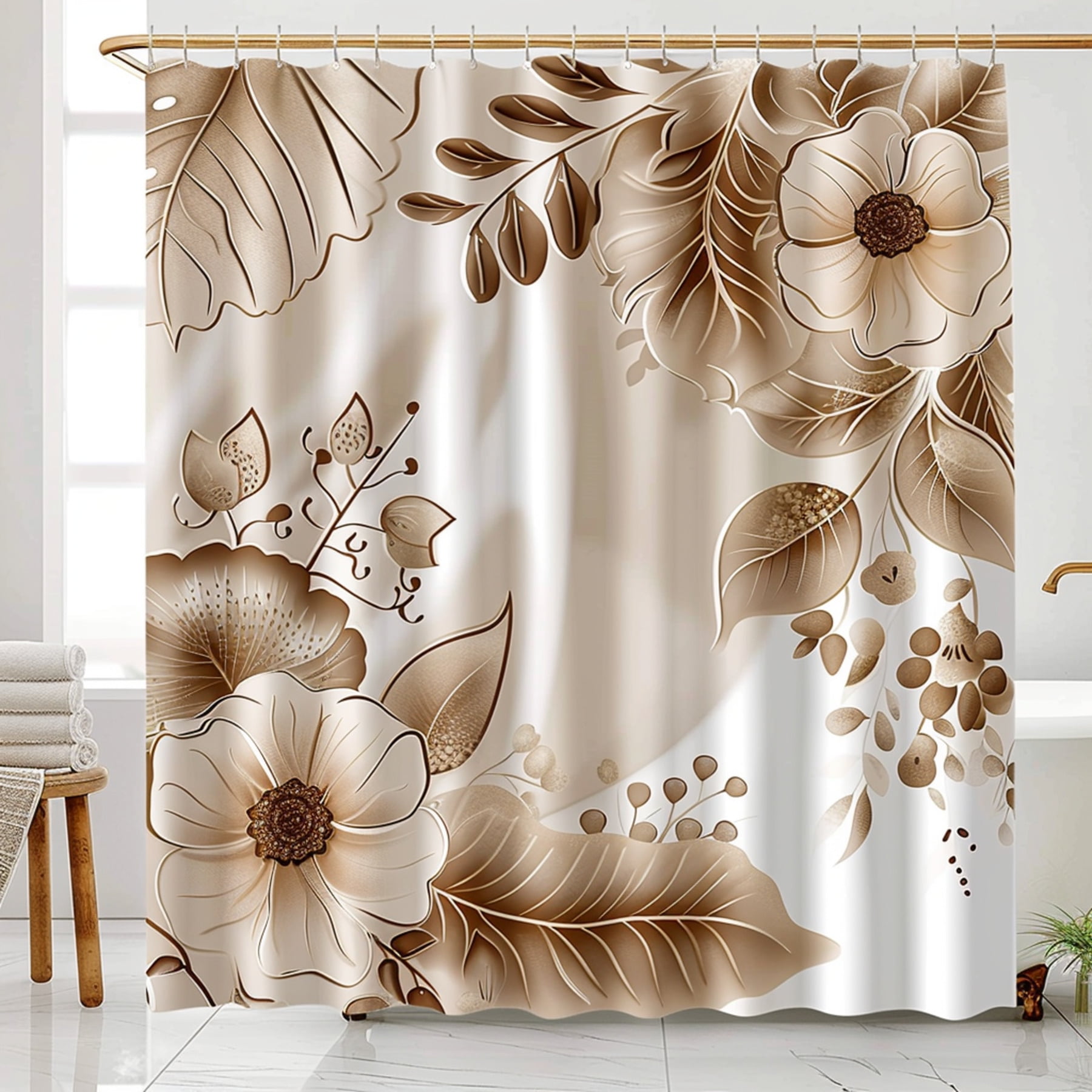 Boho Chic Floral Shower Curtain Brown And Beige Design White Background