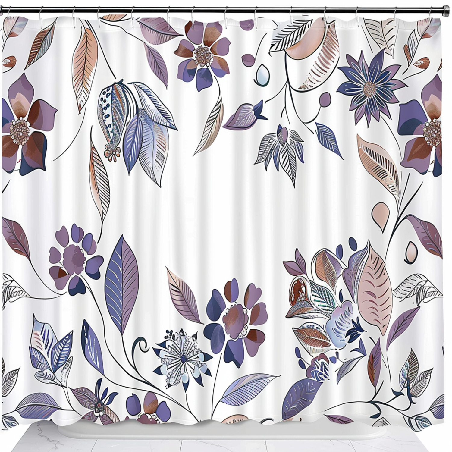 Boho Chic Floral Shower Curtain Elegant White Design With Blue Purple
