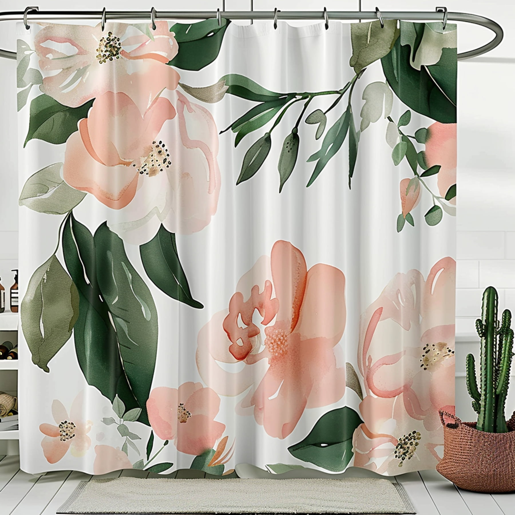 Boho Chic Floral Shower Curtain Pastel Peach And Green Design Pink