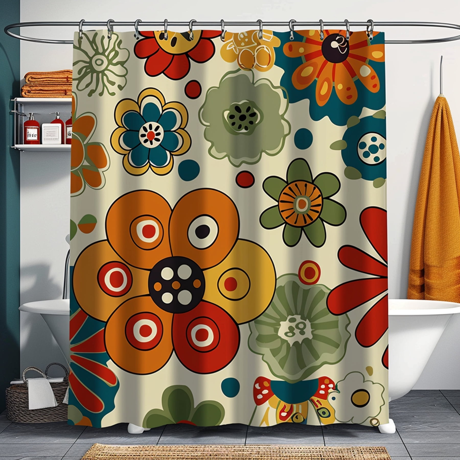 Boho Chic Floral Shower Curtain Retro 70s Vibes Colorful Dots Groovy