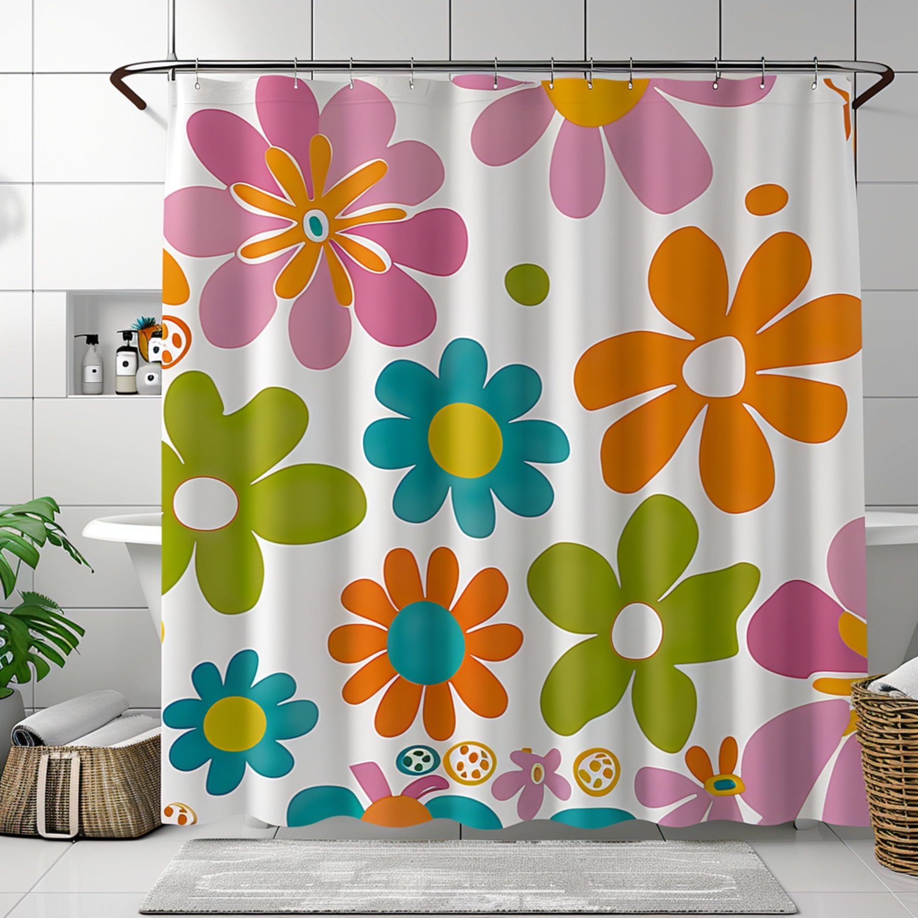 Boho Chic Floral Shower Curtain Retro Groovy Art Deco Style Colorful